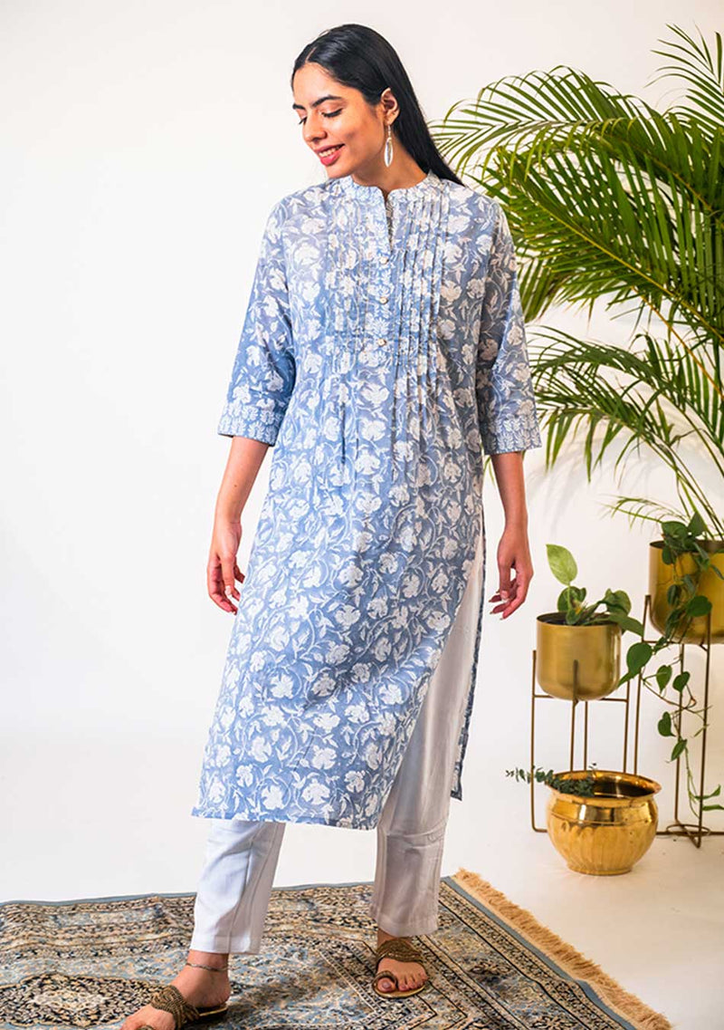 Blue Floral Motif Hand Block Kurta & Pant Set | Buy Women Clothing