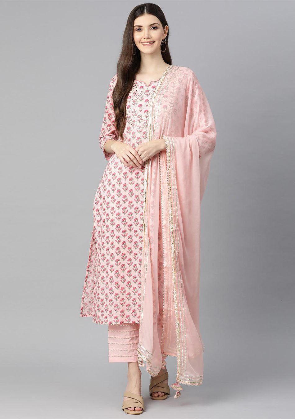 Pink Cotton Straight Kurta Pant Set With Dupatta | Buy Women Clothing